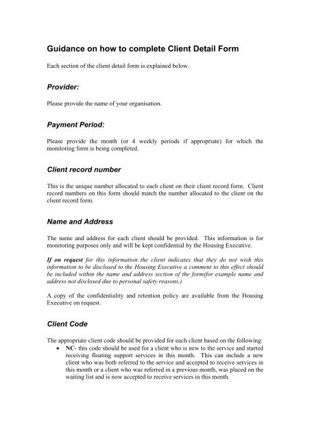 Guidance on how to complete Client Detail Form