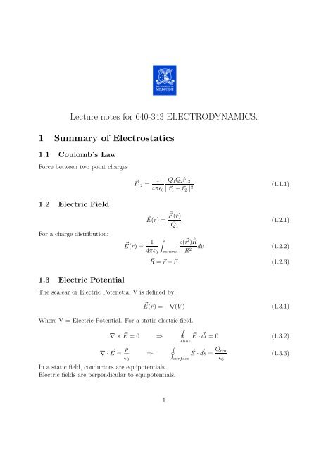 Lecture notes for 640-343 ELECTRODYNAMICS. 1 Summary of ...
