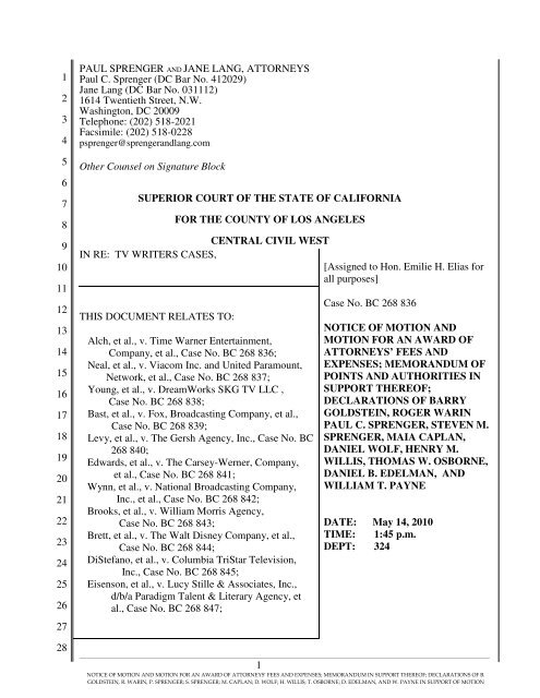 Fees and Expenses, Memorandum of Points - TV Writers Counsel ...