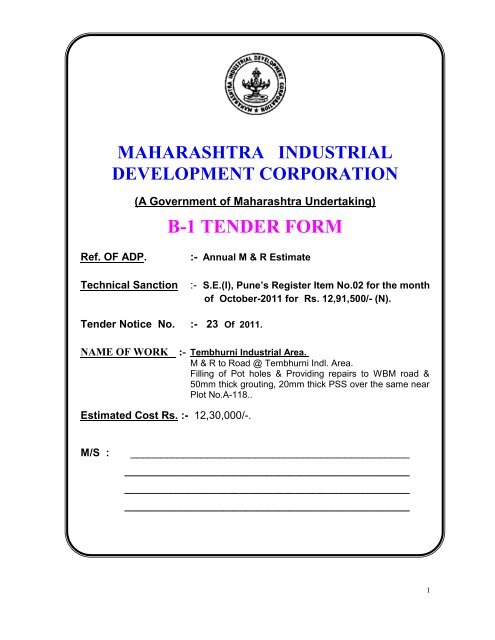 b-1 tender form - Maharashtra Industrial Development Corporation