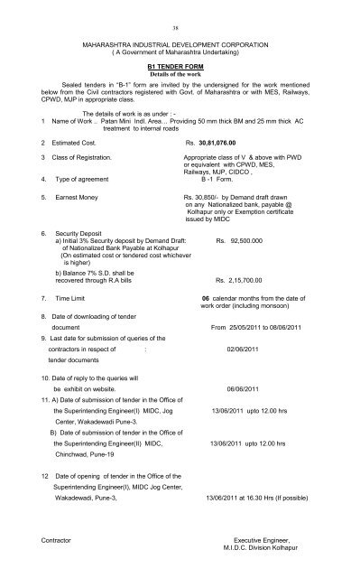 Contractor Executive Engineer, M.I.D.C. Division Kolhapur ...