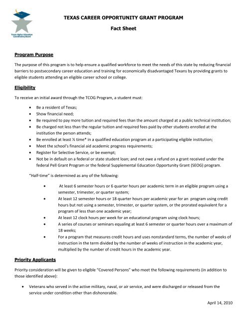 Texas Career Opportunity Grant Program Fact Sheet