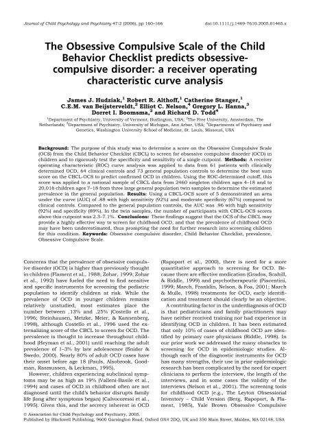 The Obsessive Compulsive Scale of the Child Behavior Checklist ...