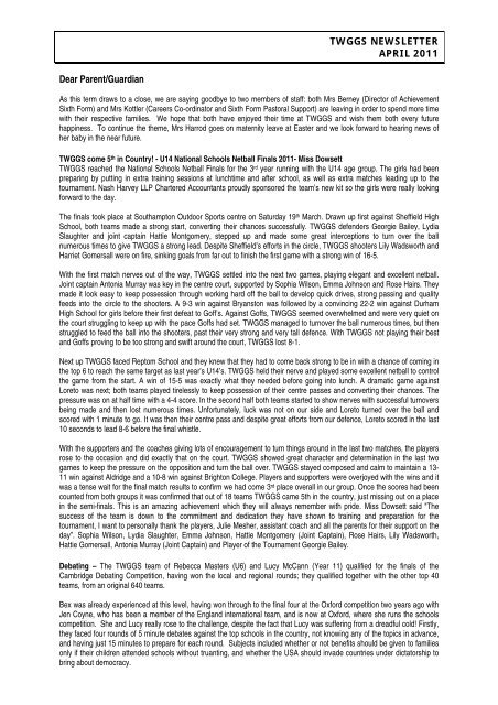 Dear Parent/Guardian - Tunbridge Wells Girls' Grammar School