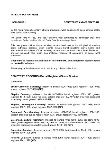 CEMETERY RECORDS (Burial Registers/Grave Books)