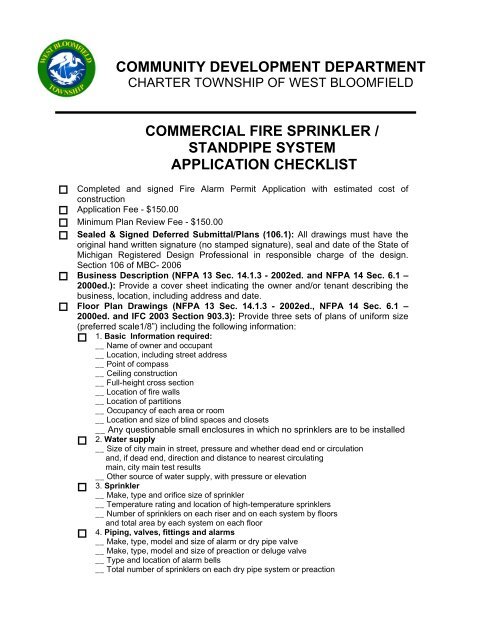 Commercial Fire Sprinkler Application Checklist - West Bloomfield ...