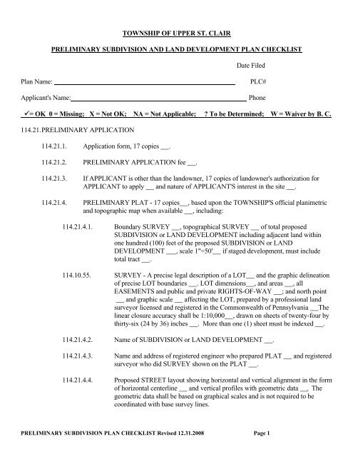 Preliminary Subdivision and Land Development Plan Checklist