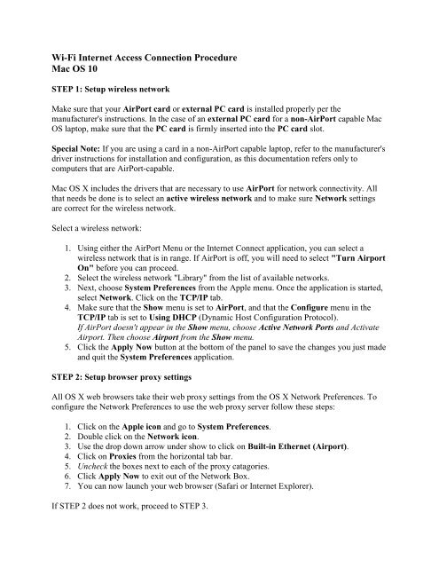Wi-Fi Internet Access Connection Procedure Mac OS 10