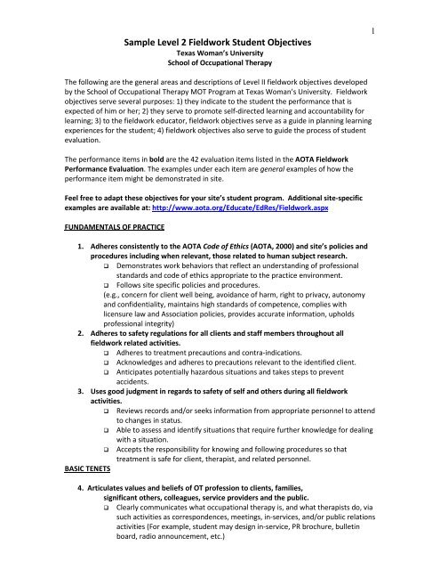 TWU Objectives for Fieldwork II - Texas Woman's University