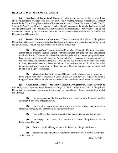 RULE AT-7. DISCIPLINE OF ATTORNEYS - Western District of Texas