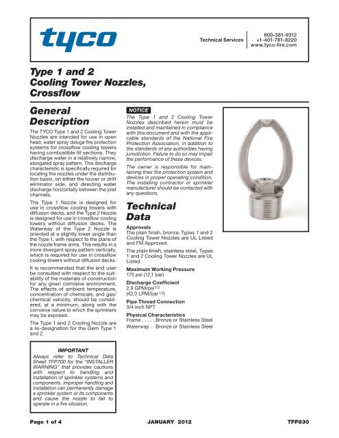 Type 1 and 2 Cooling Tower Nozzles, Crossflow - Tyco Fire Products