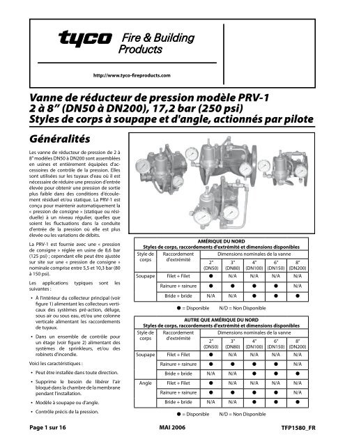 Vanne de rÃ©ducteur de pression modÃ¨le PRV-1 - Tyco Fire Products