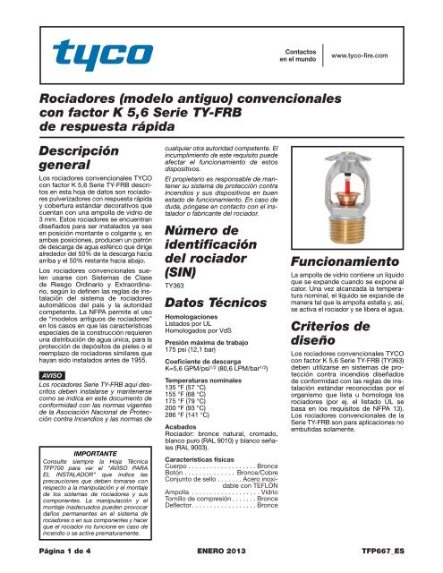 Rociadores De Respuesta Rápida Tyco Sprinkler Modelo F1FR FS LO