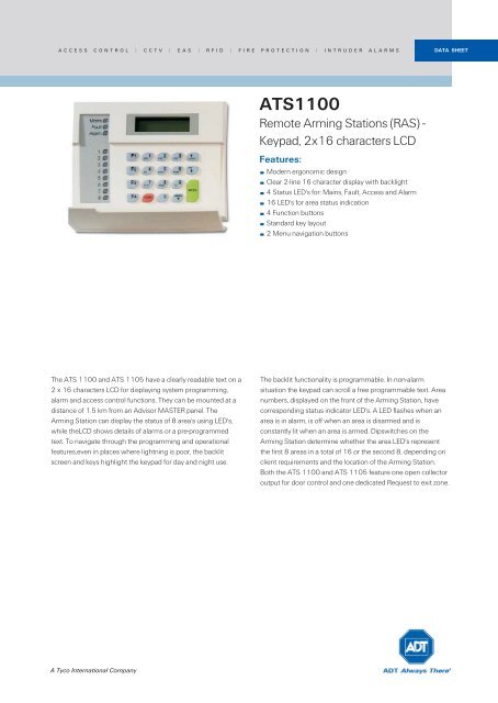 Keypad, 2x16 characters LCD - ADT Europe Branded Datasheet