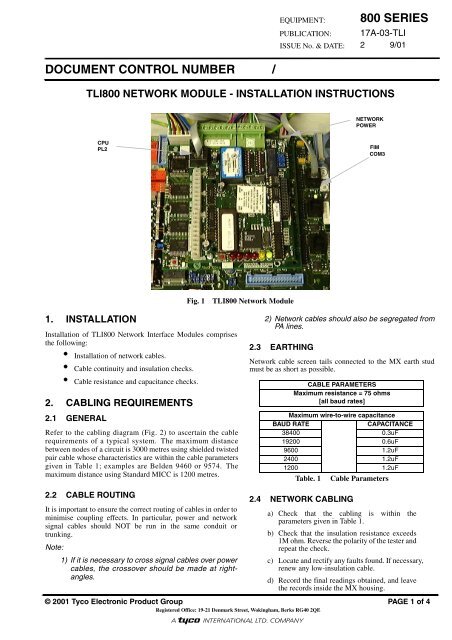 DOCUMENT CONTROL NUMBER / 800 SERIES - Tyco EMEA