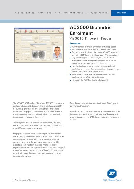 AC2000 Biometric Enrolment - ADT Branded Datasheet