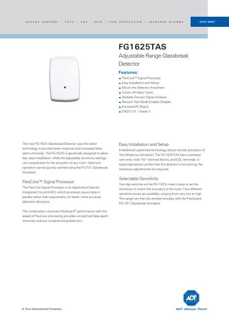 FG-1625TAS Glassbreak Detector - ADT Europe Branded Datasheet