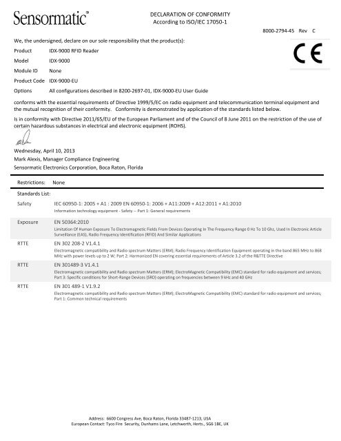 IDX-9000-EU RFID Reader - Certificate of Conformity