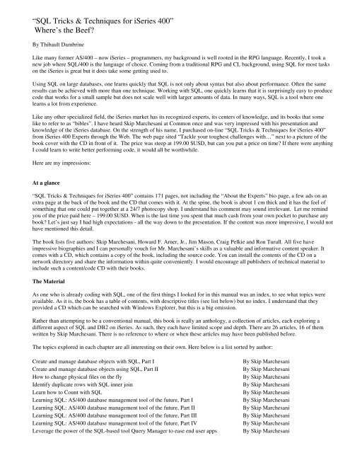 SQL Tricks & Techniques for iSeries 400 - TYLOGIX Home Page