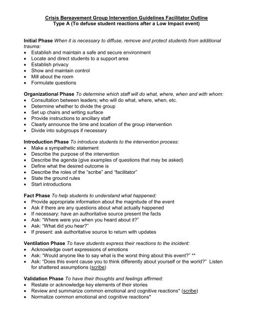 Crisis Bereavement Group Intervention Guidelines Facilitator Outline ...