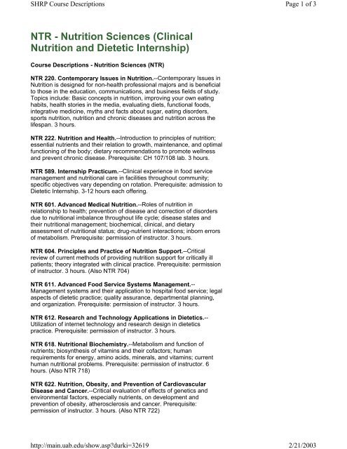 NTR - Nutrition Sciences (Clinical Nutrition and Dietetic Internship)