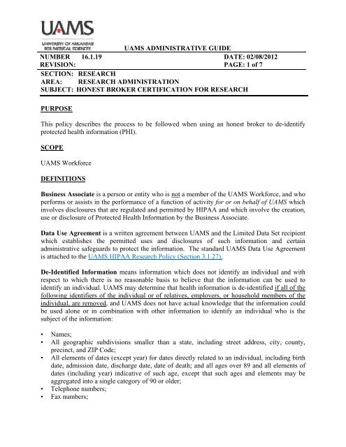 Honest Broker Certification for Research policy - University of ...