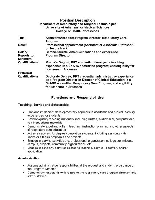 Position Description Functions and Responsibilities - University of ...