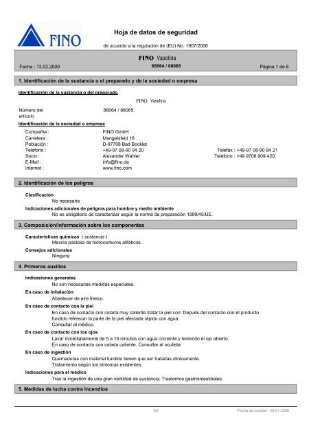 Hoja de datos de seguridad Vaselina - FINO