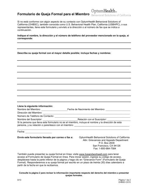 Formulario de Queja Formal para el Miembro - Ubhonline.com