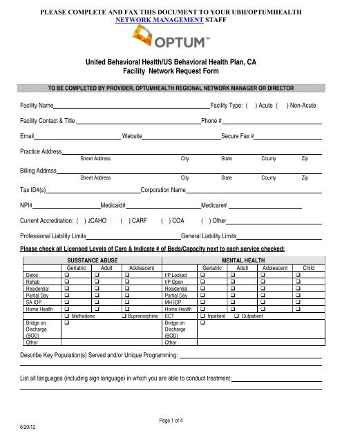 facility network request form - Ubhonline.com