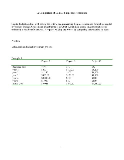 A Comparison of Capital Budgeting Techniques Capital budgeting ...