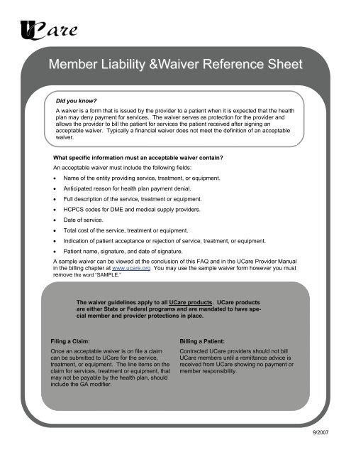 Member Liability and Waiver Reference Sheet - UCare