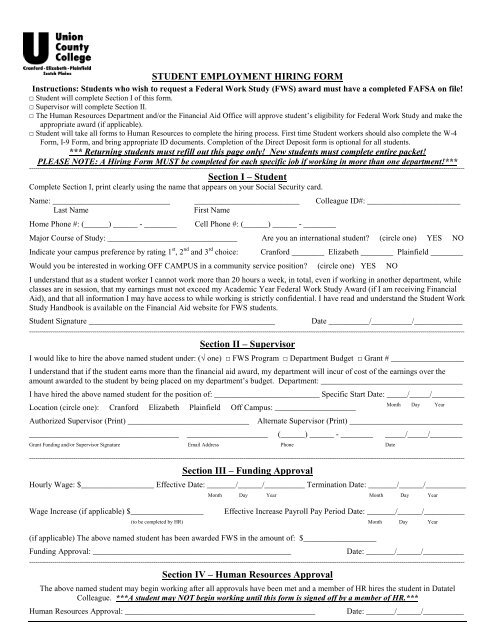 student employment hiring form - Union County College