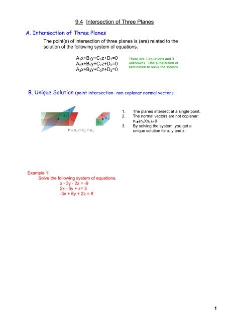 9.4 Intersection of Three Planes A. Intersection of Three Planes