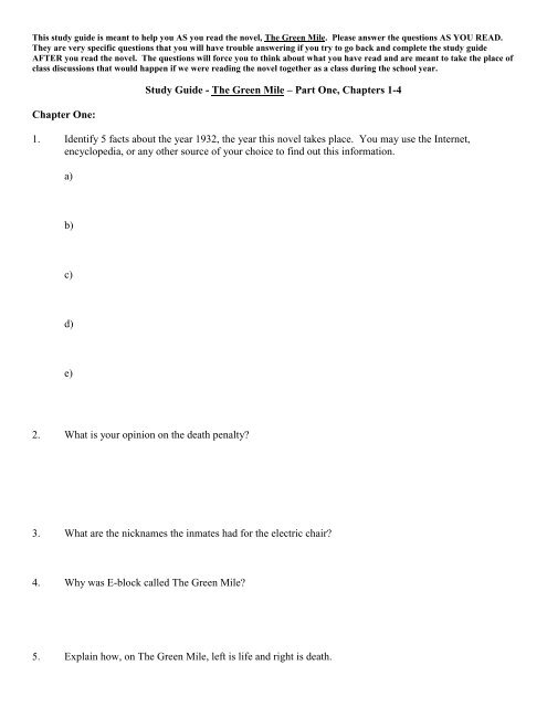 Study Guide - The Green Mile â Part One, Chapters 1-2