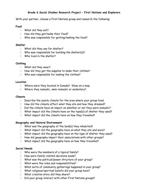 Grade 6 Social Studies Research Project â First Nations and ...