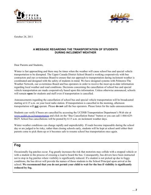 UCDSB Inclement Weather Letter to Parents - Upper Canada District ...