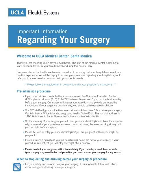 Important Information Regarding Your Surgery - UCLA Health System