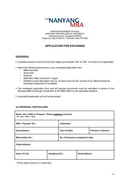 outgoing exchange application form - Nanyang Technological ...