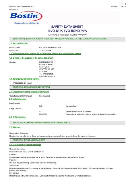 safety data sheet evo-stik evo-bond pva - Flint Hire & Supply
