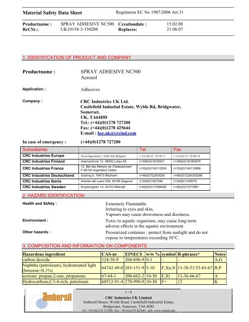 Material Safety Data Sheet Productname : SPRAY ADHESIVE ...