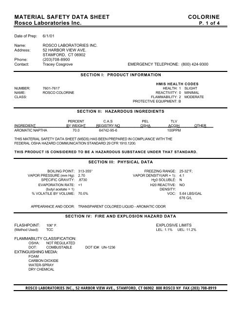 MATERIAL SAFETY DATA SHEET COLORINE Rosco Laboratories ...