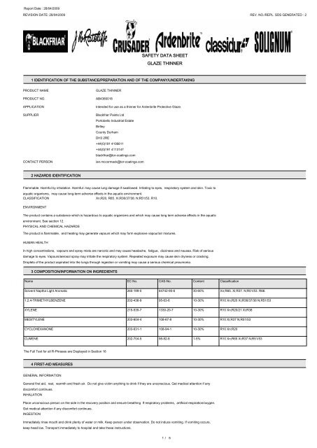 Glaze Thinners MSDS Sheet - Flint Hire & Supply