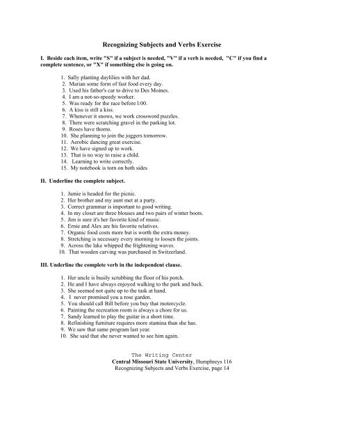 Recognizing Subjects and Verbs Exercise - University of Central ...