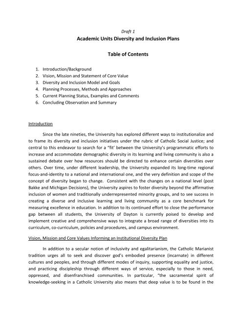 Academic Units Diversity and Inclusion Plans Table of Contents