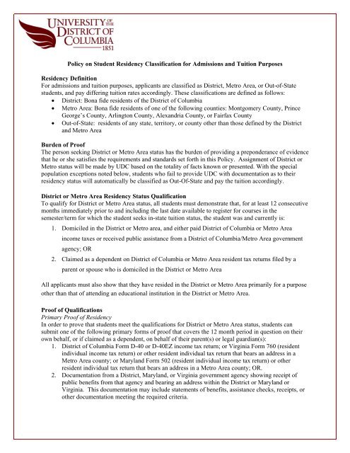 Policy on Student Residency Classification for Admissions and ...