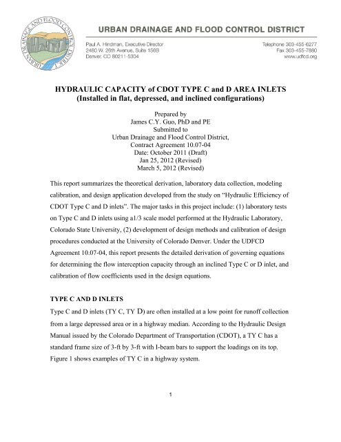 HYDRAULIC CAPACITY of CDOT TYPE C and D AREA INLETS ...