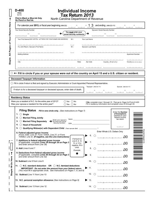 Individual Income Tax Return 2012 Nc Department Of Revenue