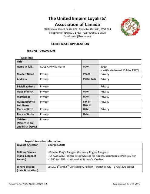 Certificate application - for United Empire Loyalists