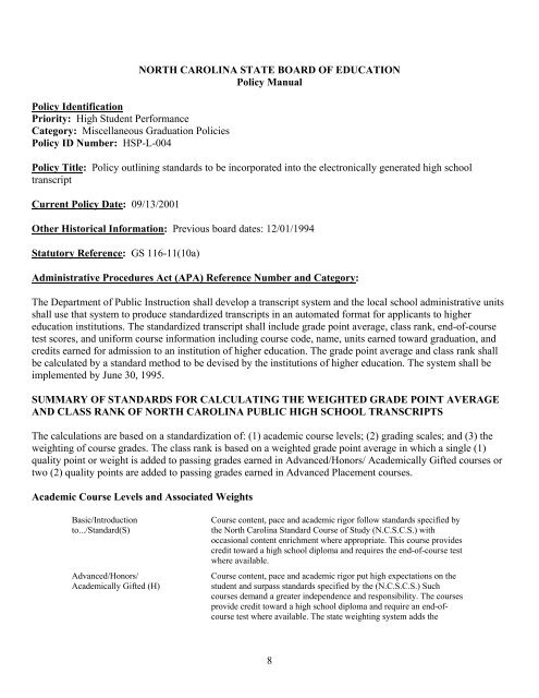 NORTH CAROLINA STATE BOARD OF EDUCATION Policy Manual